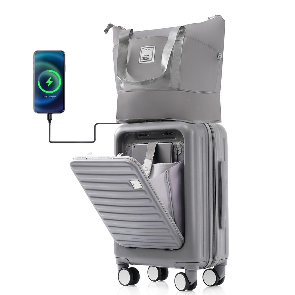 Merax Front Opening 2-Piece Gray Blue 20 in. ABS Hardshell Spinner ...