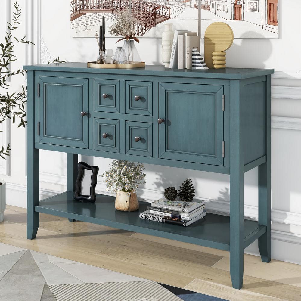 LUCKY ONE 46 in. Dark Blue Rectangle Acacia Wood Console Table with 4 ...