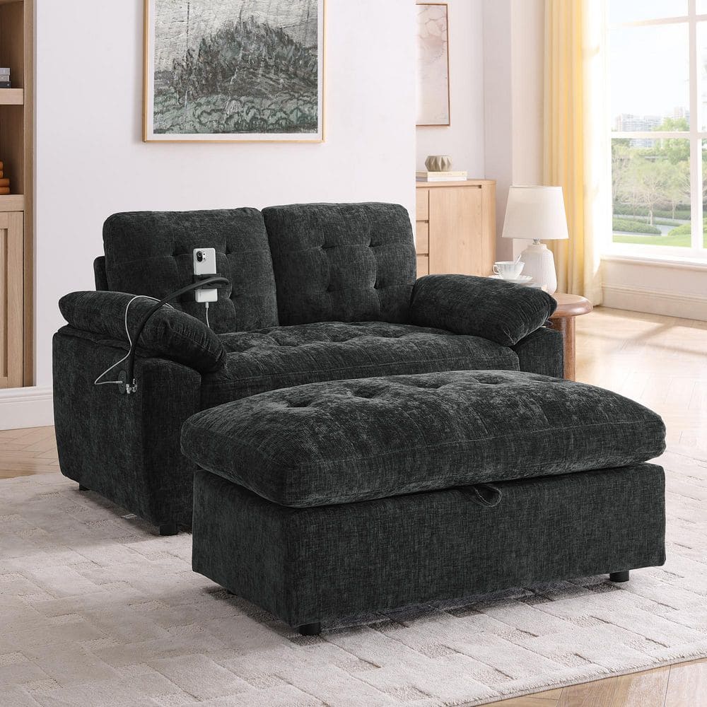Noble House Quenby Black 56 in. Chenille Arm Chair with Manually ...