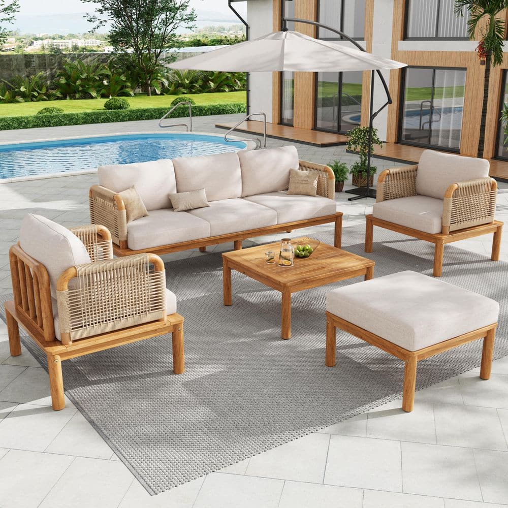 CHRISTOPHER KNIGHT HOME Axel Outdoor 5-Piece Solid Wood and Rope Woven ...