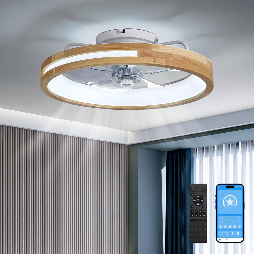 ARISKEEN 20 in. Indoor Wood Caged Low Profile Ceiling Fan with Light, Bladeless Flush Mount ...