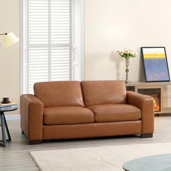 72 in. Contemporary Tan Genuine Leather 2 Seat Oversized Loveseat