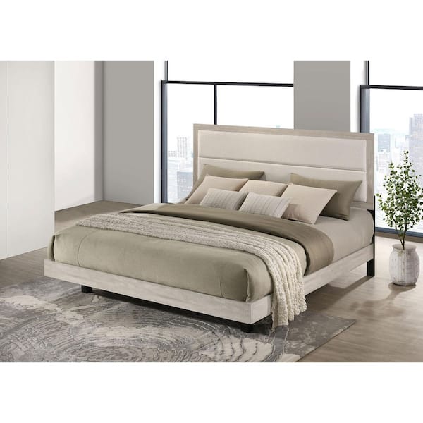 Coaster Trenton Rustic Cream Wood King Panel Bed with Cream Boucle ...
