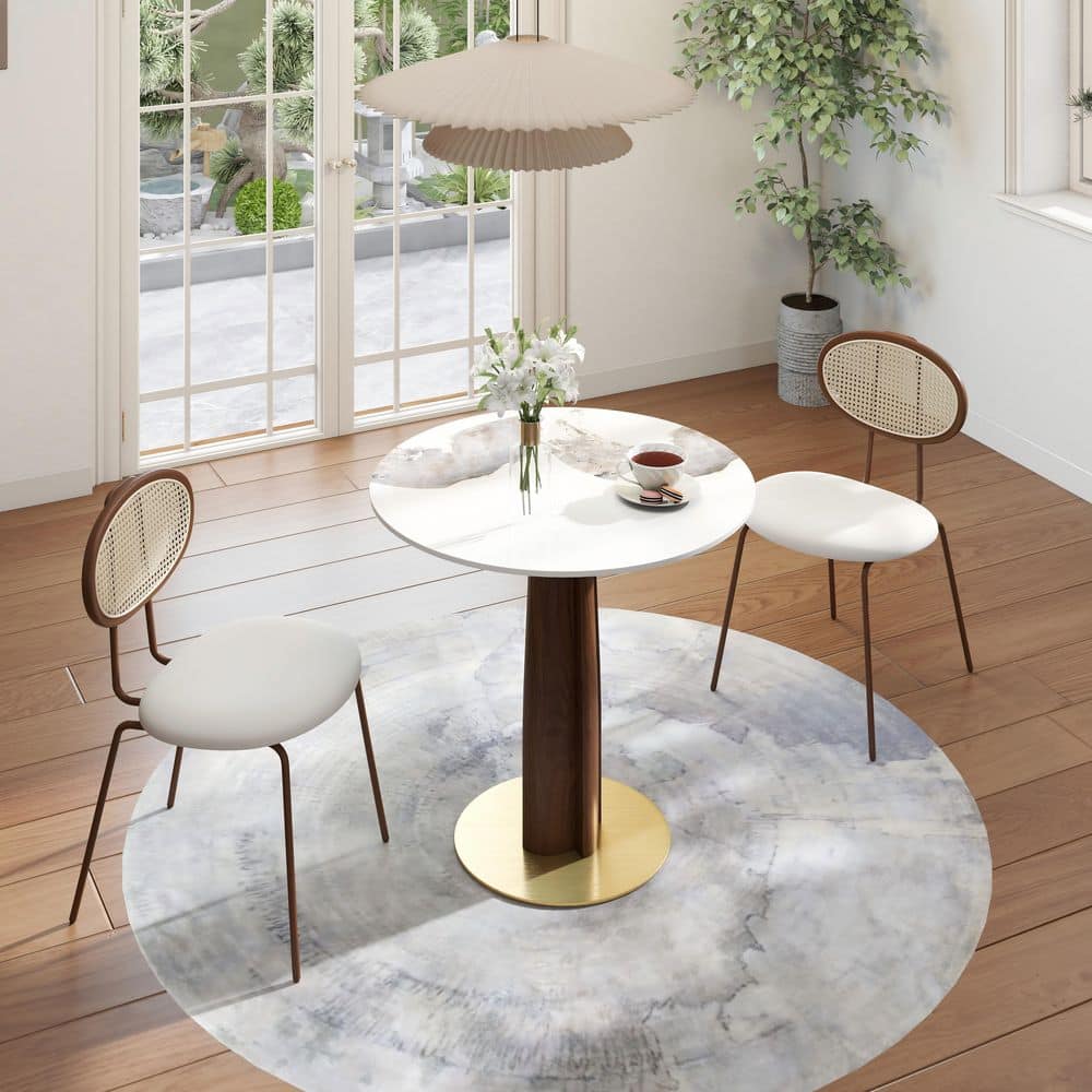 Magic Home 33 in. Modern Round Pandora Sintered Stone Tabletop Dining Table with Solid Wood ...