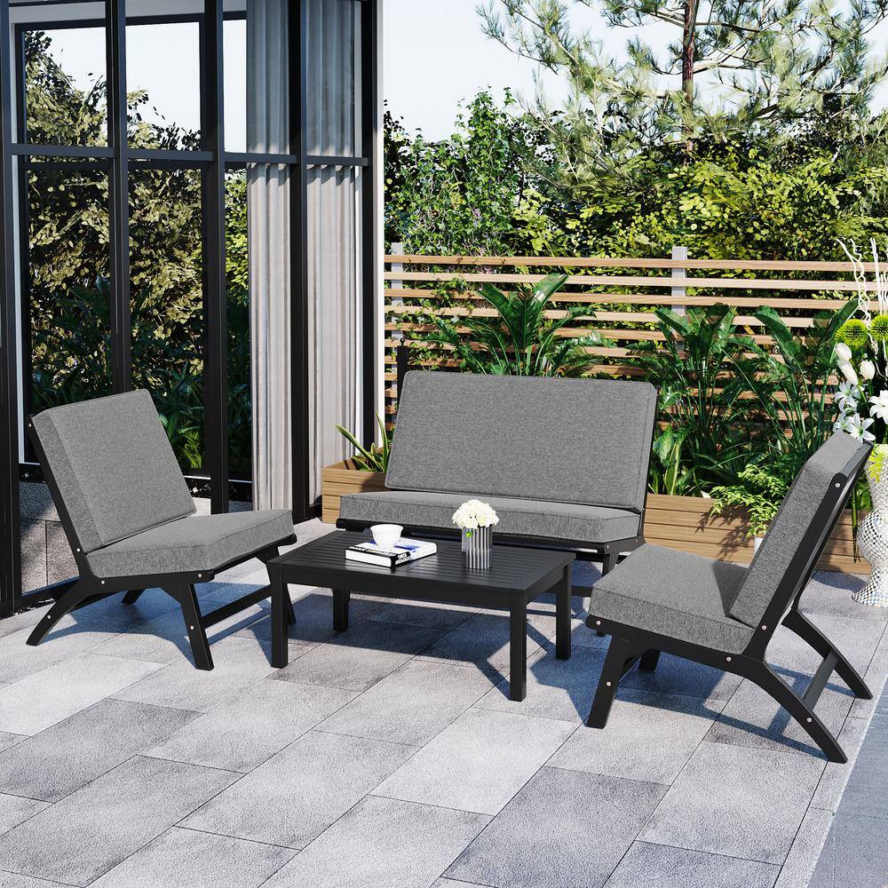 Zeus & Ruta 4-Piece Black Acacia Solid Wood V-shaped Outdoor Sectional ...