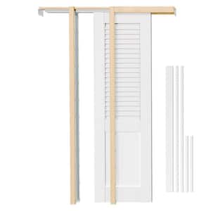 TENONER 24 in. x 80 in. Top-Louver Panel Primed Pine Wood Pocket Door ...