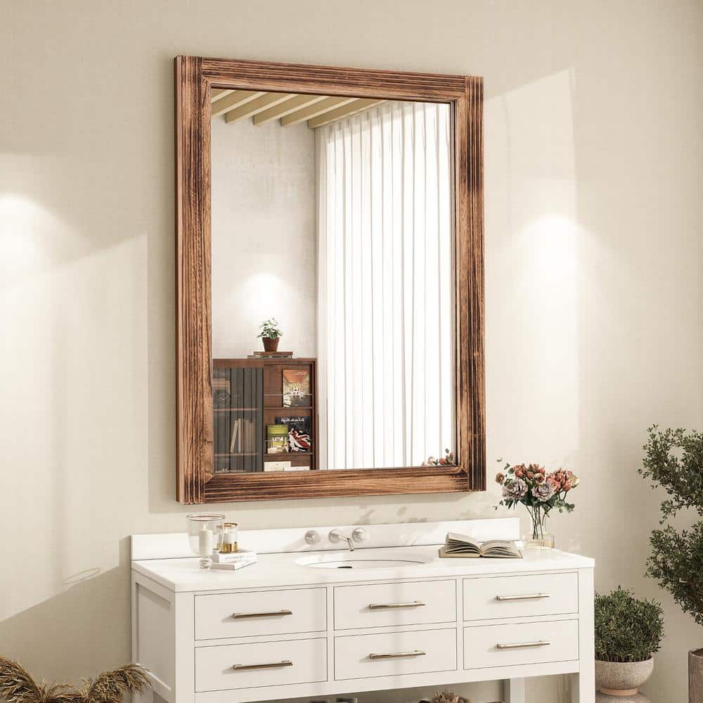 XRAMFY 30 in. W x 40 in. H Rectangular Classic Brown Wooden Framed Bathroom Vanity Mirror Wall ...