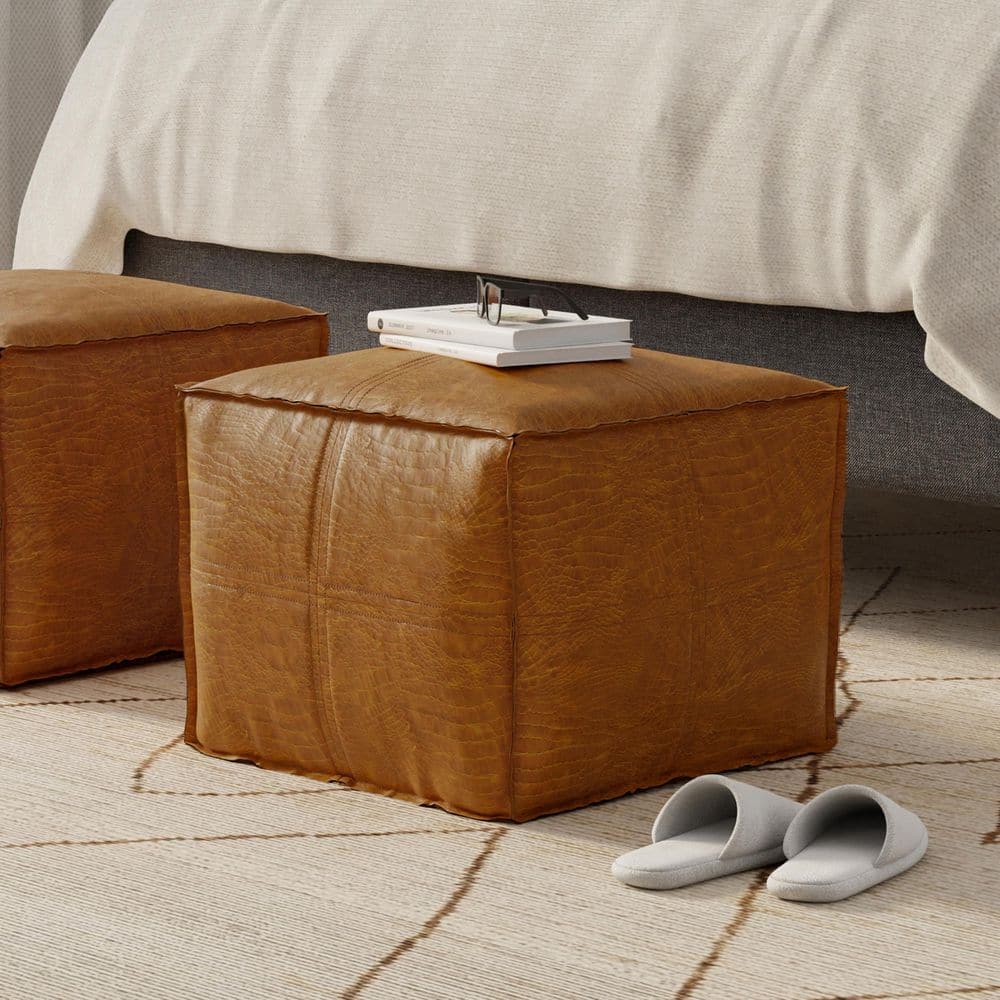 Simpli Home Brody 18 in. Wide Genuine Leather Square Pouf in Tan AXCPF ...