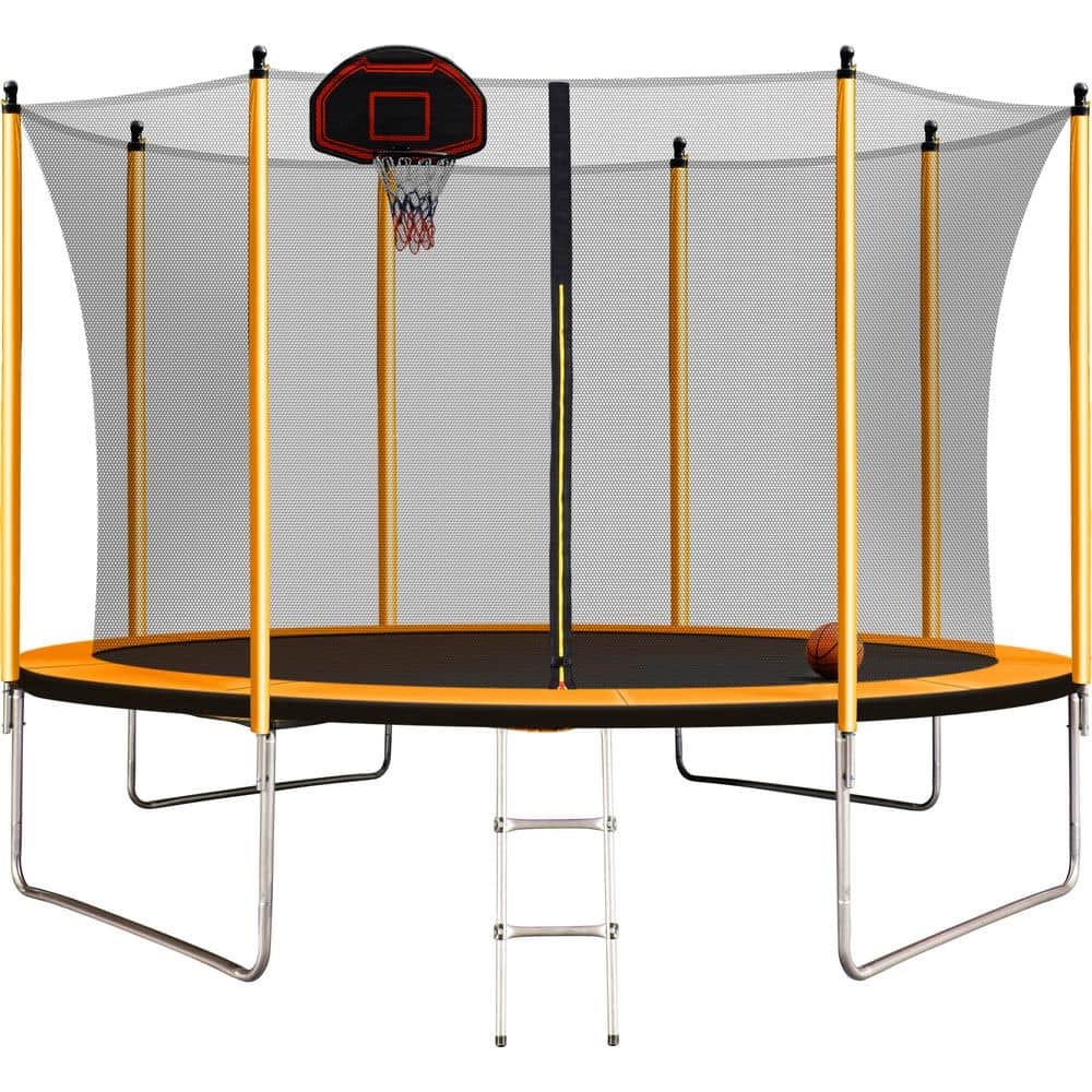 Tenleaf 10 ft. Outdoor Round OrangeTrampoline with Basketball Hoop ...