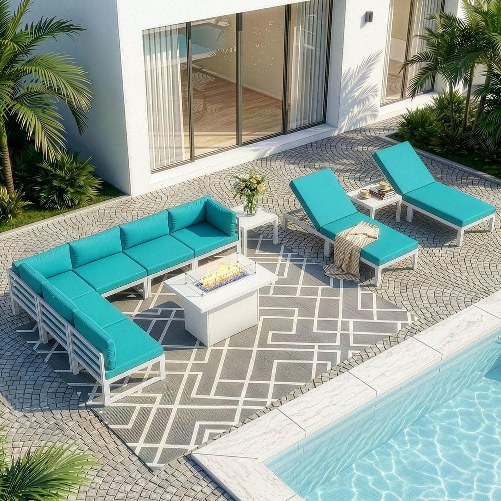 FINCATI 11-Piece White Aluminum Outdoor Patio Conversation Set with ...