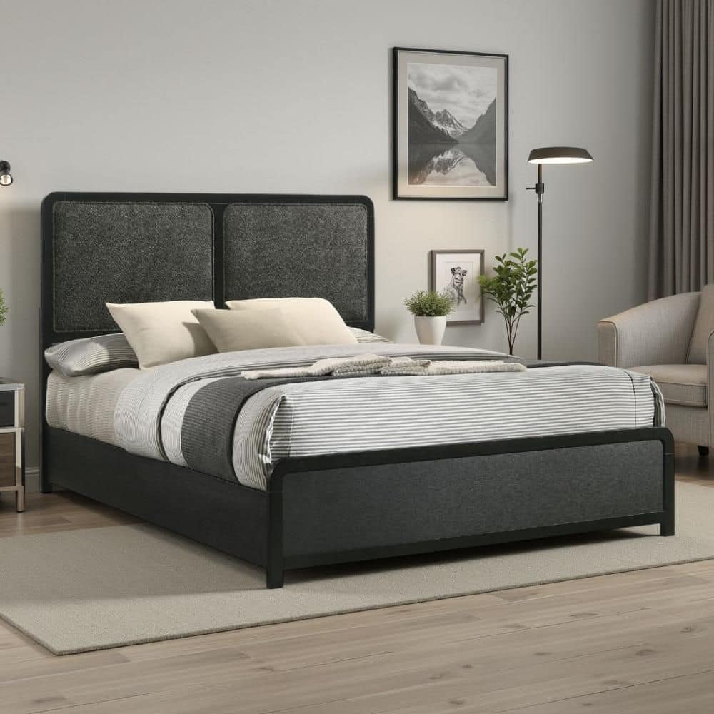Benjara Cavy Black and Charcoal Gray Wood Frame Queen Platform Bed with ...