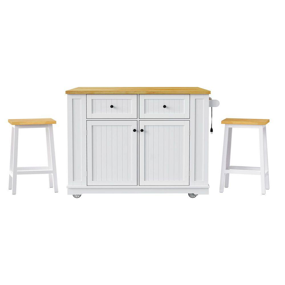 Ximuprmy White Wood 48 in. Kitchen Island with 2 Bar Stools, Drop Leaf ...