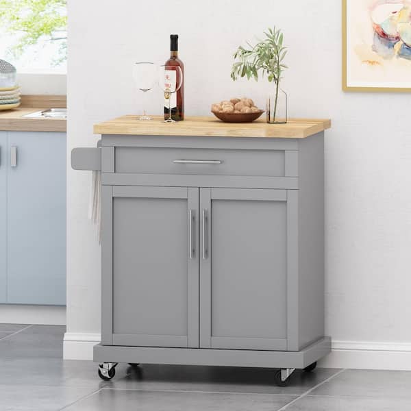 Gray Rolling Kitchen Cart with Long Drawer, 2 Door Cabinet Space and ...