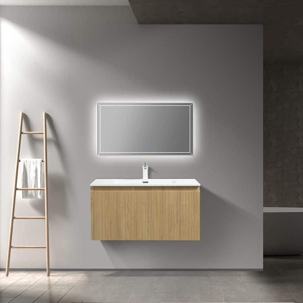 Afhocomp 33.20 in. Single Sink Floating Yellow Oak Bath Vanity with ...