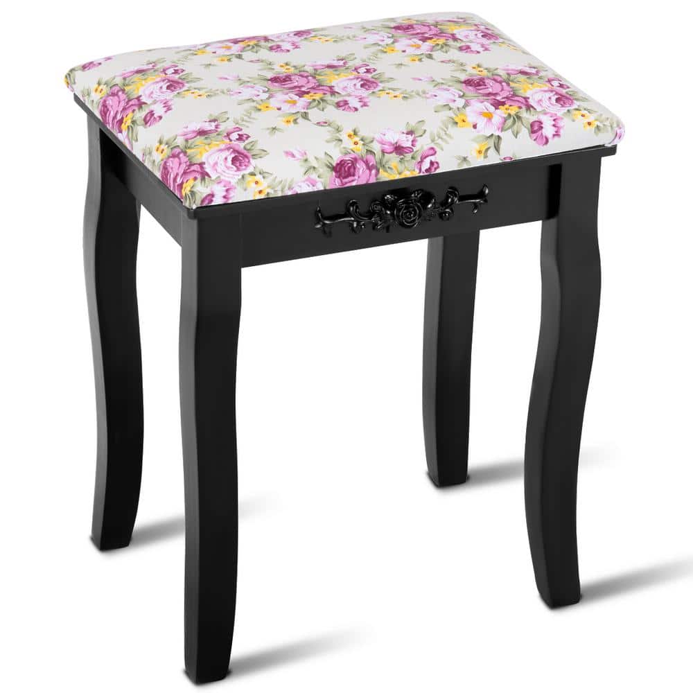 Costway Black Wood with Padded Cushion Upholstered Stool Makeup Piano ...