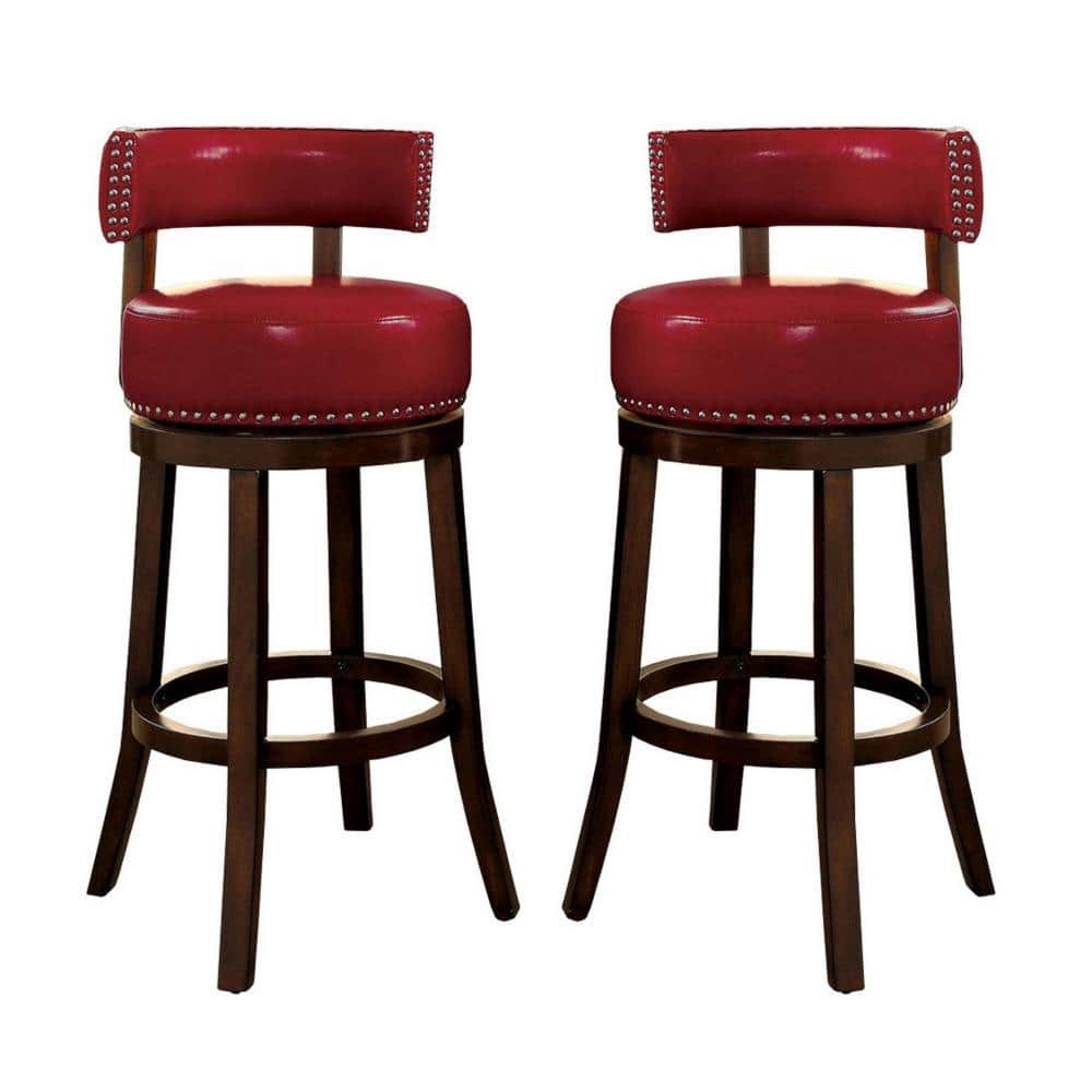 Benjara 35.5 in. Dark Brown and Red Low Back Wooden Frame Bar Stool ...