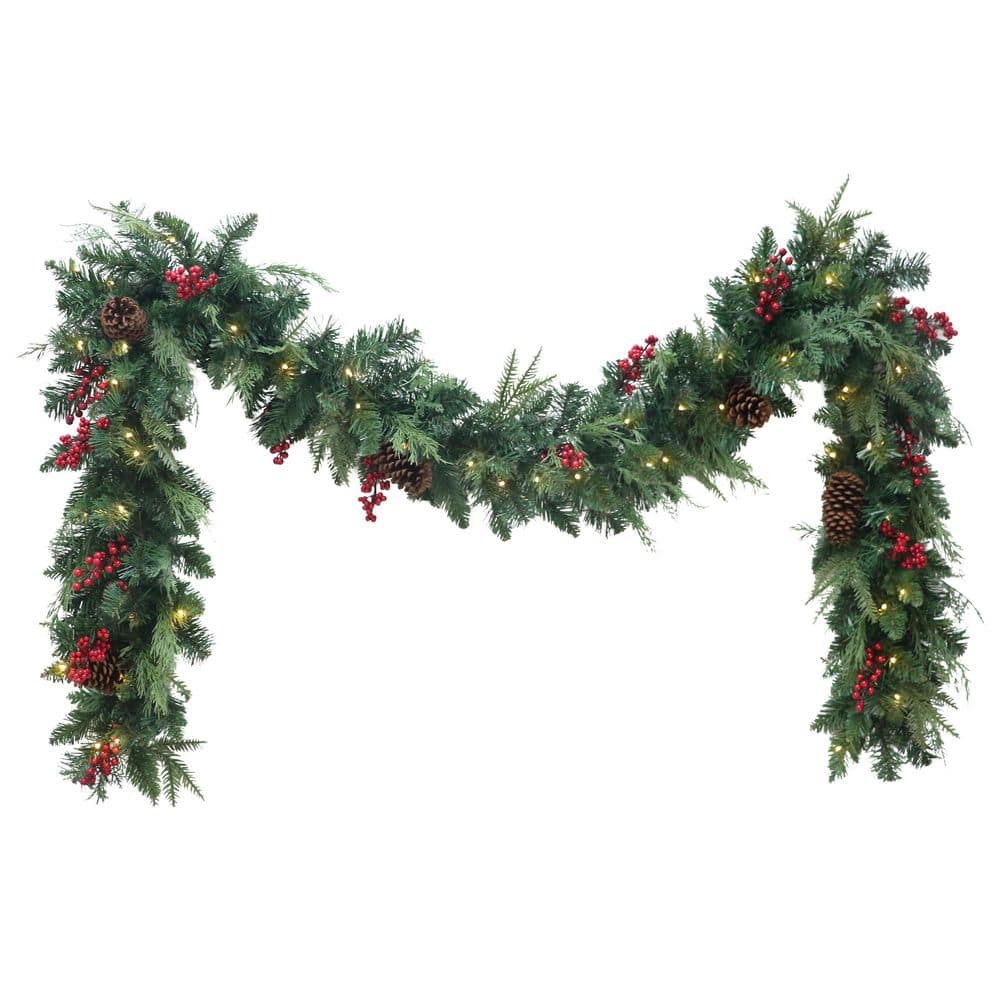 Puleo International 9 ft. x 10 in. Pre-Lit Battery-Operated Adorned ...