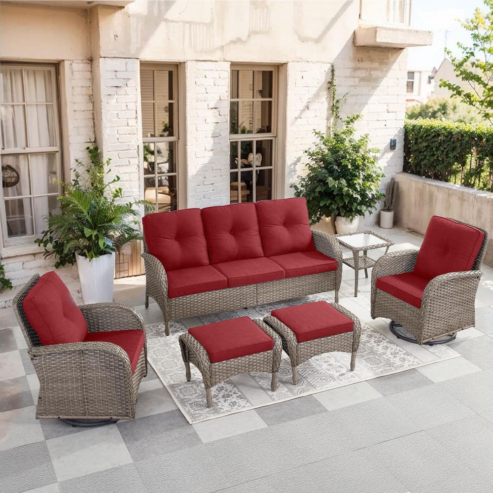 moosprr SleekArm 6-Piece Gray Wicker Patio Conversation Set with Olefin ...