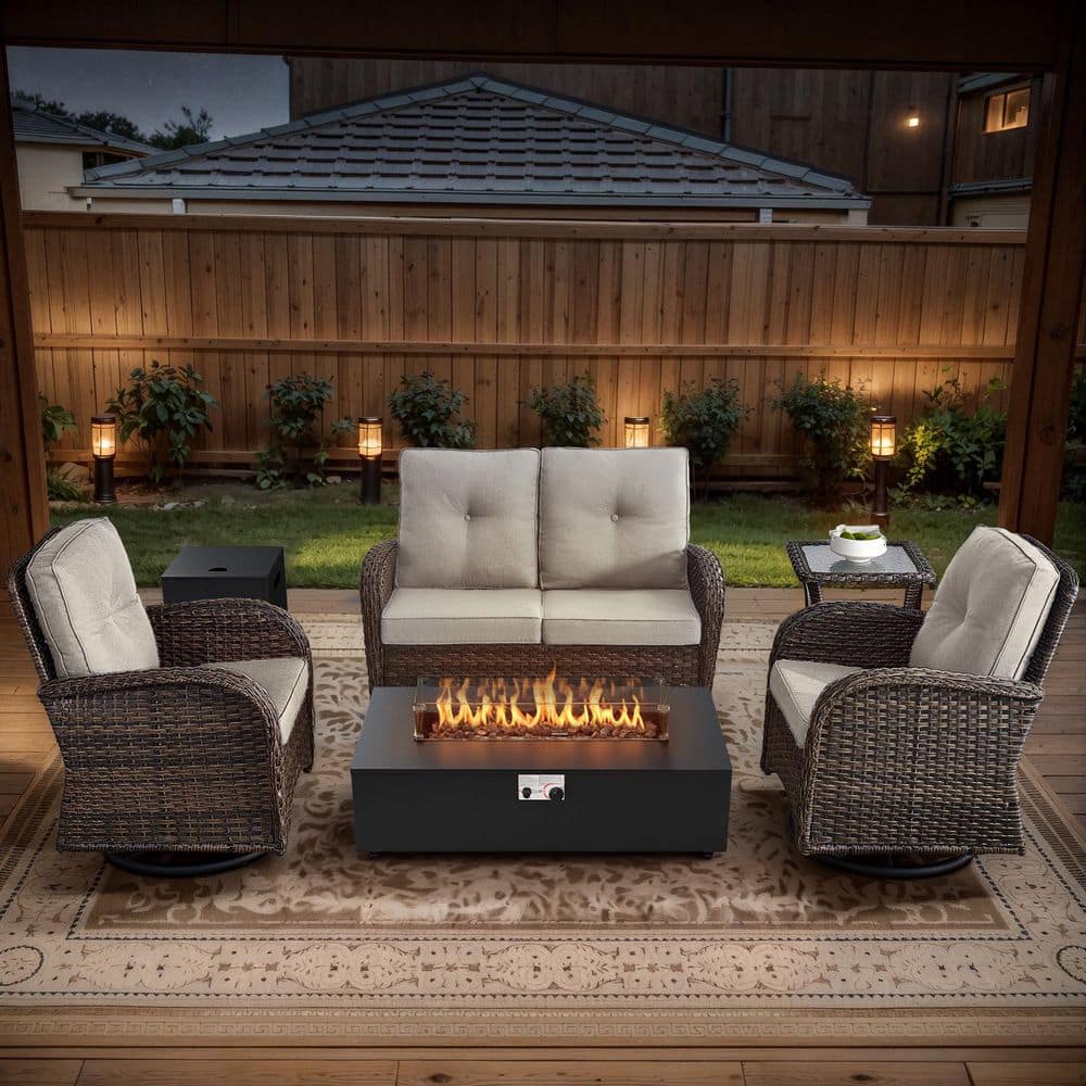 Opohoro Brown 5-Piece Wicker Patio Fire Pit Set, Loveseat Glider ...