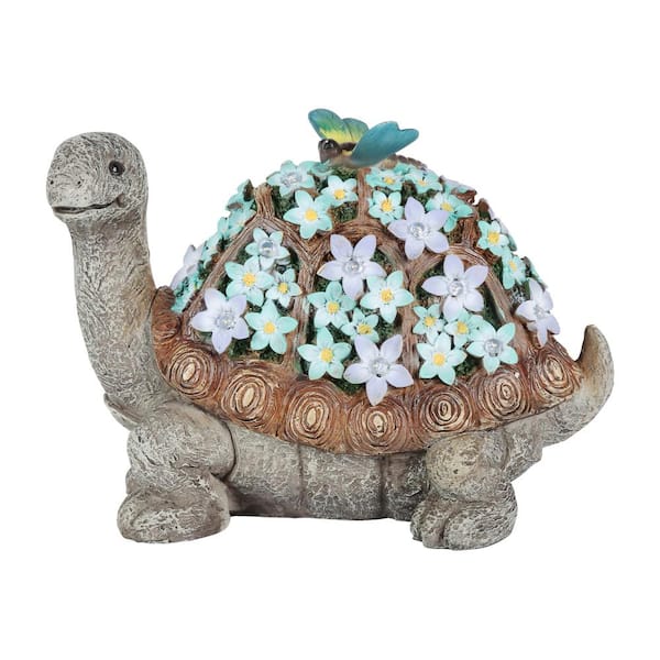Exhart 10 in. Solar Turtle with Flower Shell Garden Statue 16096-RS ...