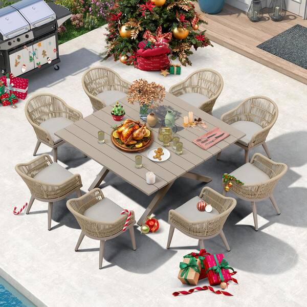 PURPLE LEAF 9 Piece Aluminum All Weather PE Rattan Square Outdoor Dining Set with Cushion Champagne PPL03 VT09 155 CP 2