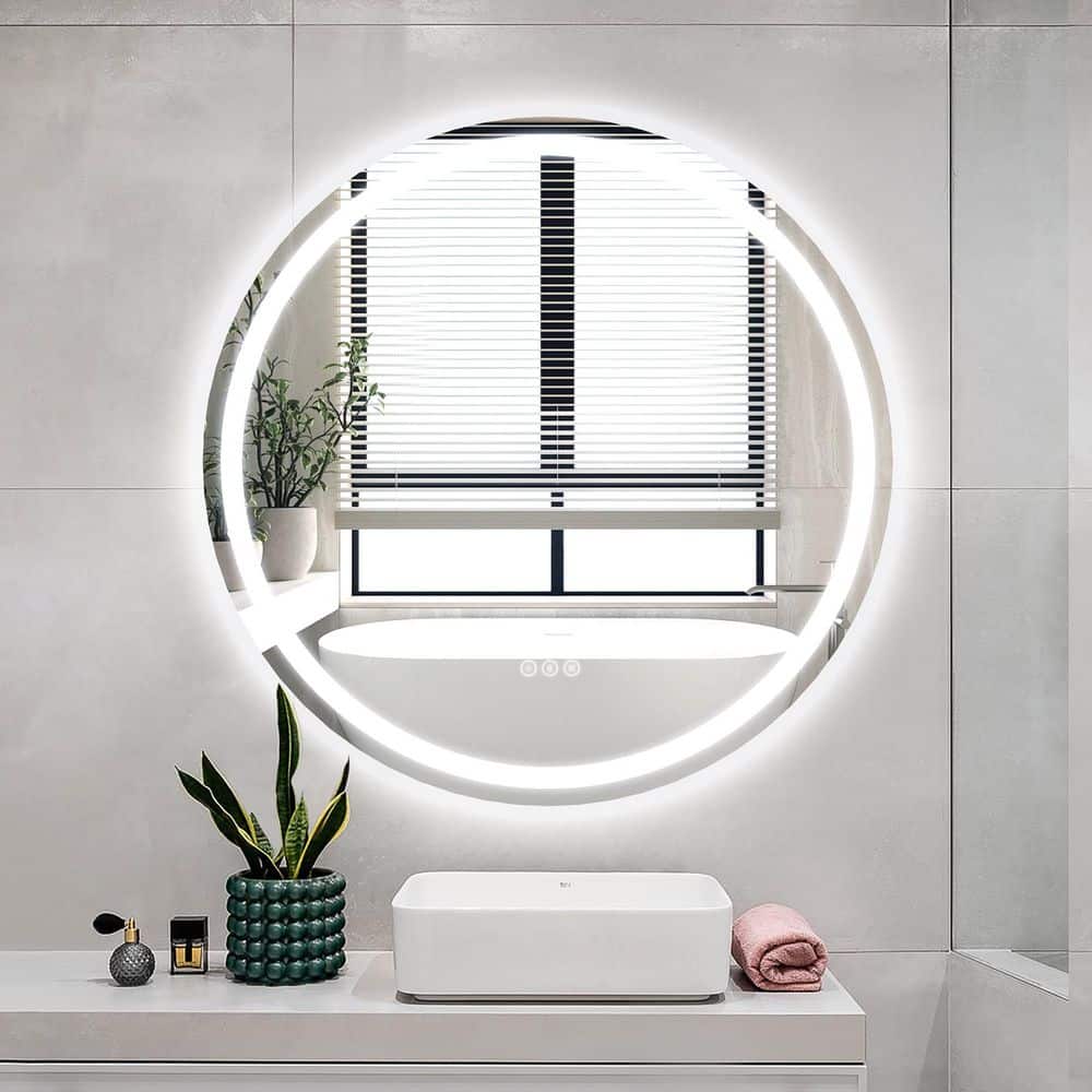 Elevatehome 36 in. W x 36 in. H Round Frameless LED Lighted Anti-Fog ...