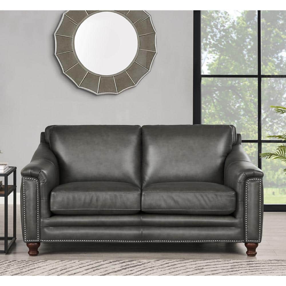 Hydeline Belfast 66.5 in. Grey Solid Top Grain Leather 2-Seater ...