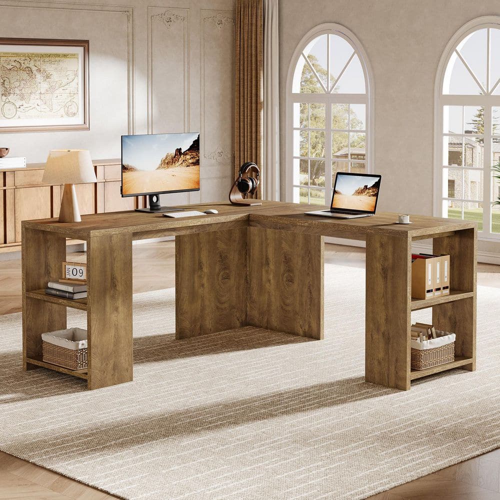 BYBLIGHT 59 in. L Shaped Light Brown Wood Computer Desks, Farmhouse L ...