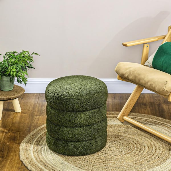 Homcom Modern Round Ottoman Teddy Fleece Upholstered Foot Stool for Living Room Bedroom Green