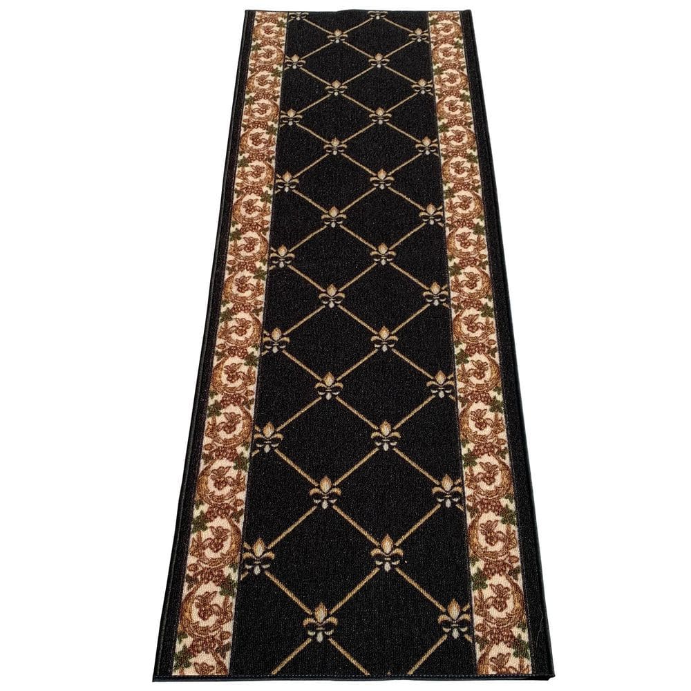 PLAYA RUG Fleur De Lis French Black 26 in. W x 20 ft. L RunnerRug/Stair ...
