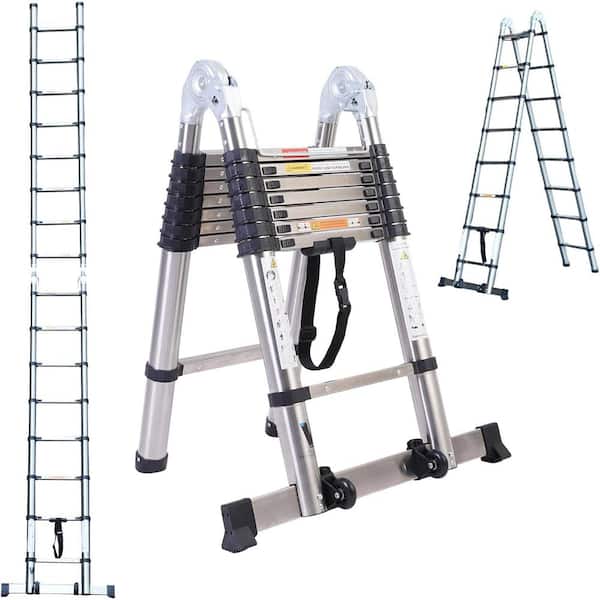 WRIGHTMASTER 12.5 ft. Stainless Steel Telescoping Extension Ladder with ...
