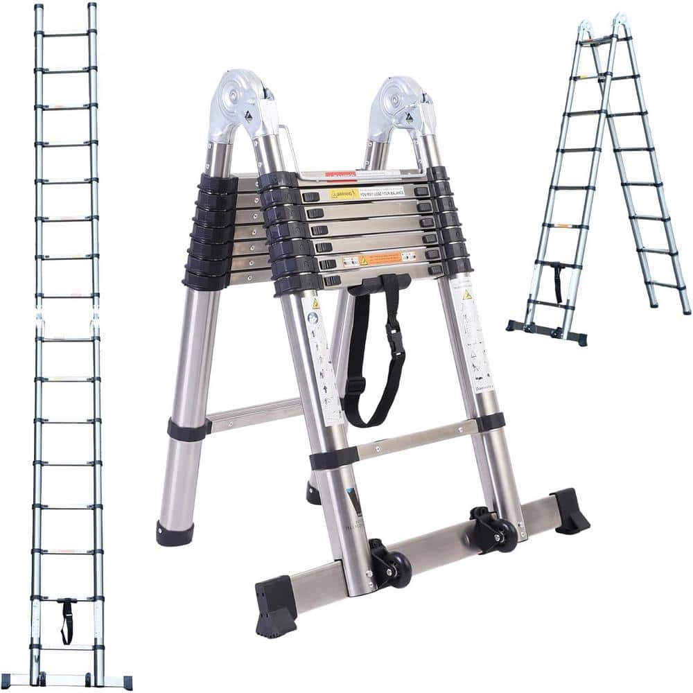 WRIGHTMASTER 12.5 ft. Stainless Steel Telescoping Extension Ladder with ...