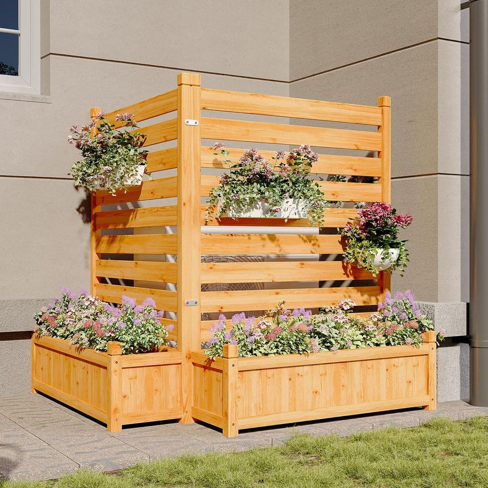 Sizzim 2-Panel Yellow Fence Wood Privacy Screen with Planter Box, 32 in ...