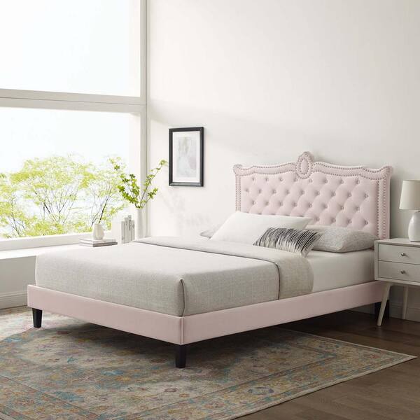 MODWAY Pink Wood frame Clara Performance Velvet Queen Platform Bed with black wood legs MOD 6594 PNK