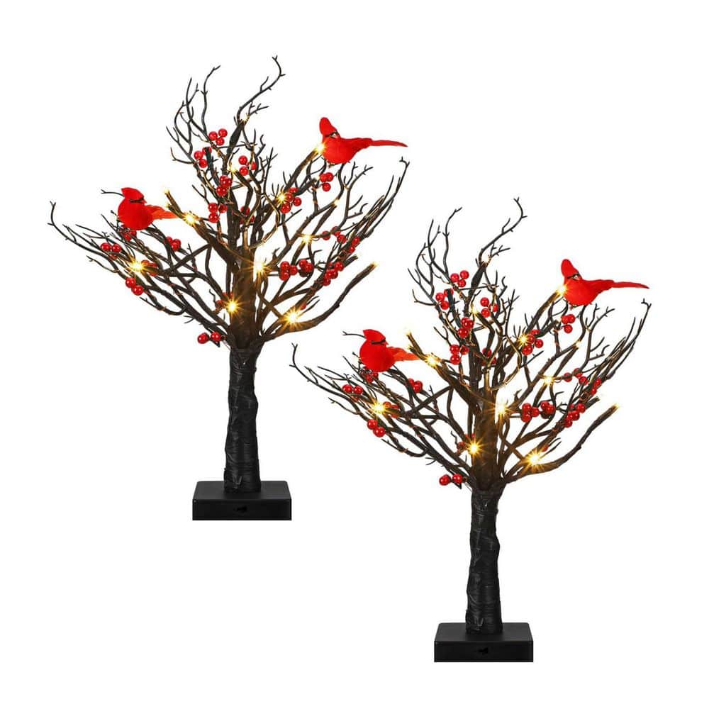 2 ft. Artificial Vintage Glowing Tree with Cardinals Lighted Mini Birch ...