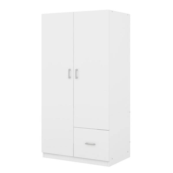 Harper Bright Designs White Wooden 31.5 in. Wardrobe Armoire with Hanging Rod 5 Fixed Shelves One Storage Drawer LHC125AAK