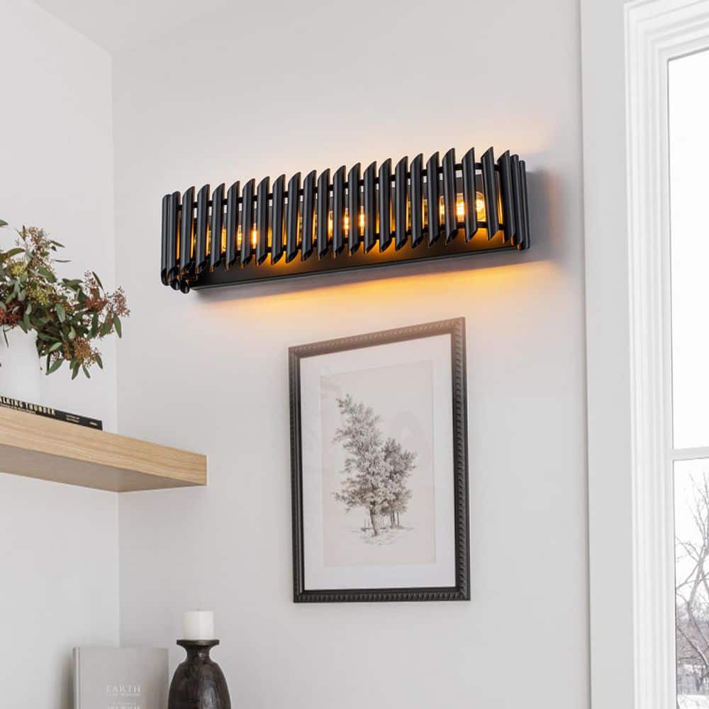 MENCOLULU 20 in. 3-Light Industrial Matte Black Rectangle Wall Sconce ...