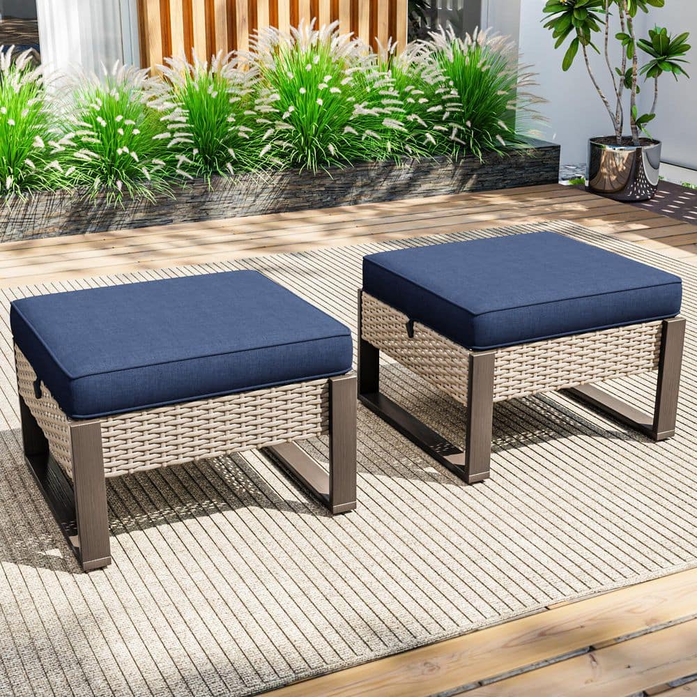 PremDwell Wicker Outdoor Ottoman Patio Footrest with Removable Deep ...