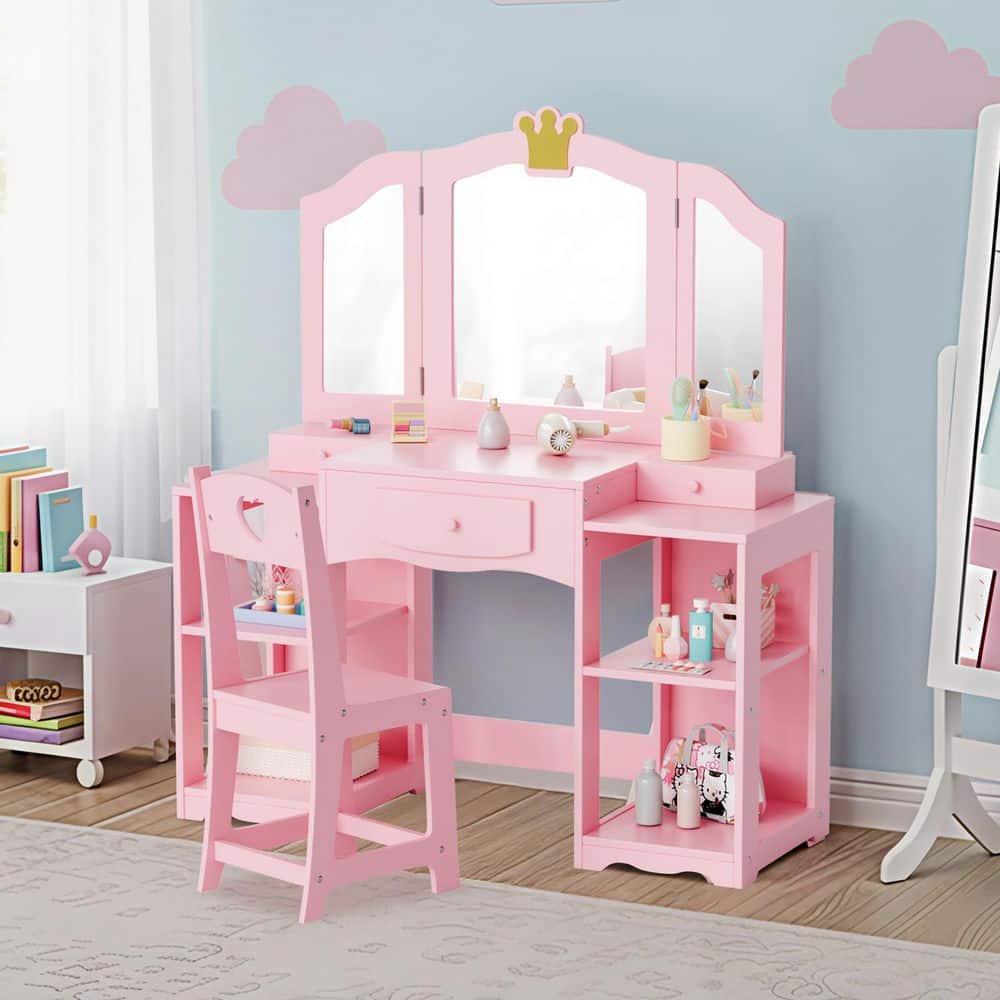 Karl home 2-Piece Pink Makeup Vanity Set 2 in 1 Girls Vanity Storage ...