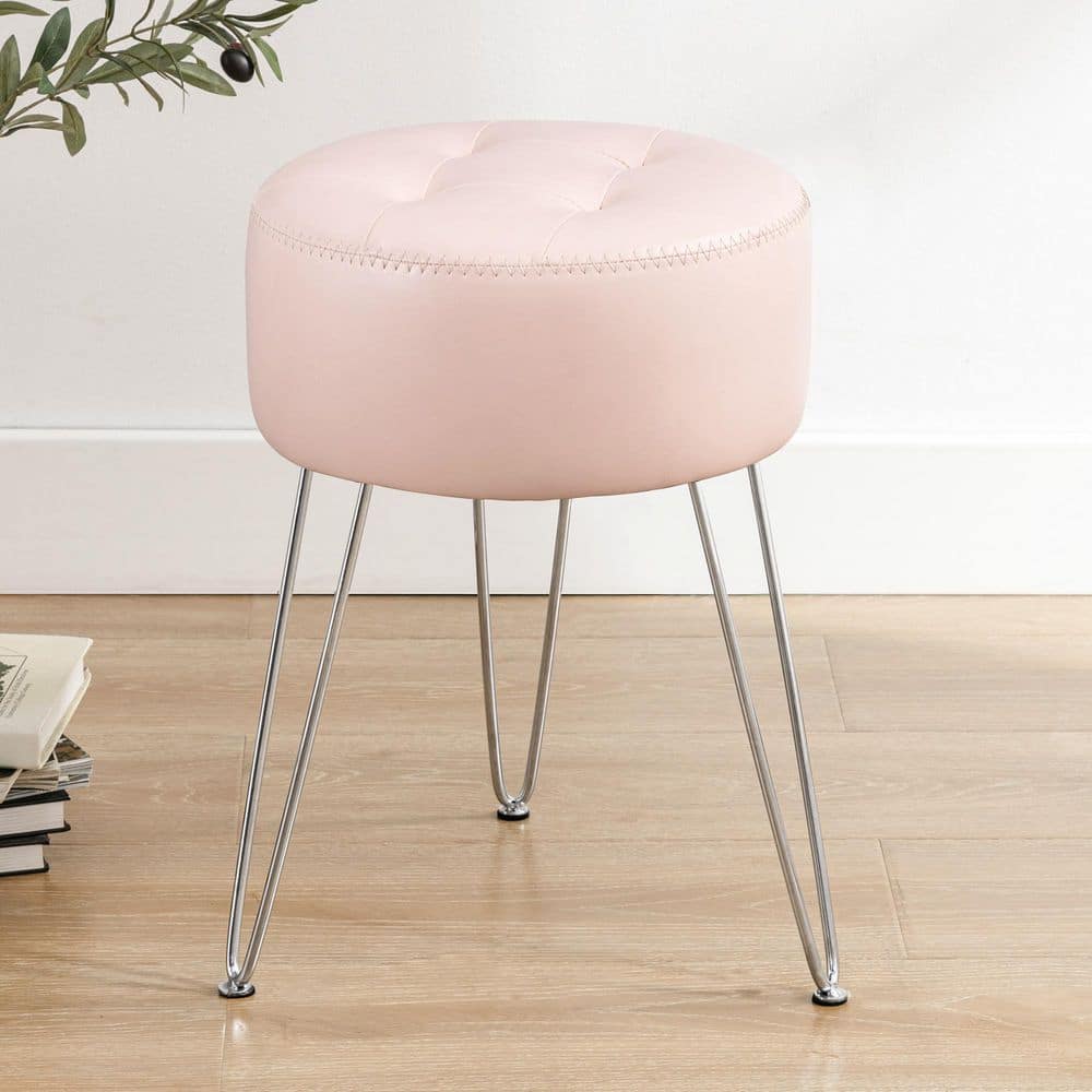 LUE BONA Pink Tufted Faux Leather Vanity Stool with Metal Legs for ...