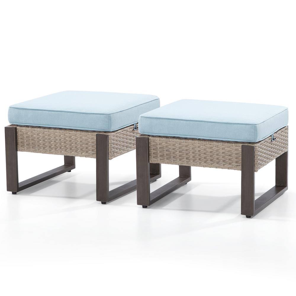 JOYSIDE Wicker Outdoor Patio Ottoman with Steel Frame and Light Blue ...