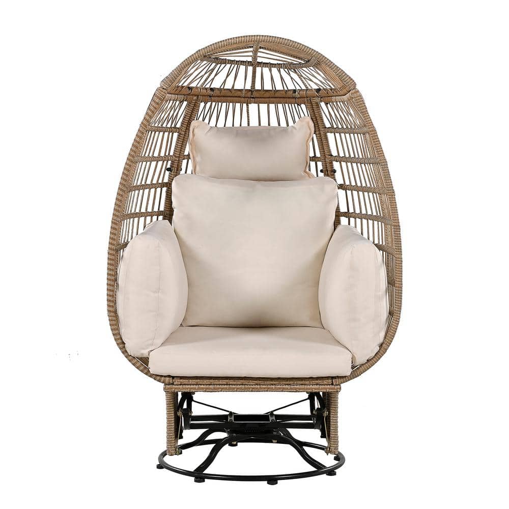 Sudzendf Natural Wicker Outdoor Patio Swing Swivel Chair with Beige ...