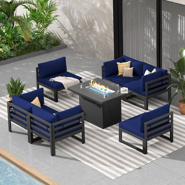 Outdoor 7-Piece Gray Aluminum Patio Conversation Set Fire Pit Patio ...