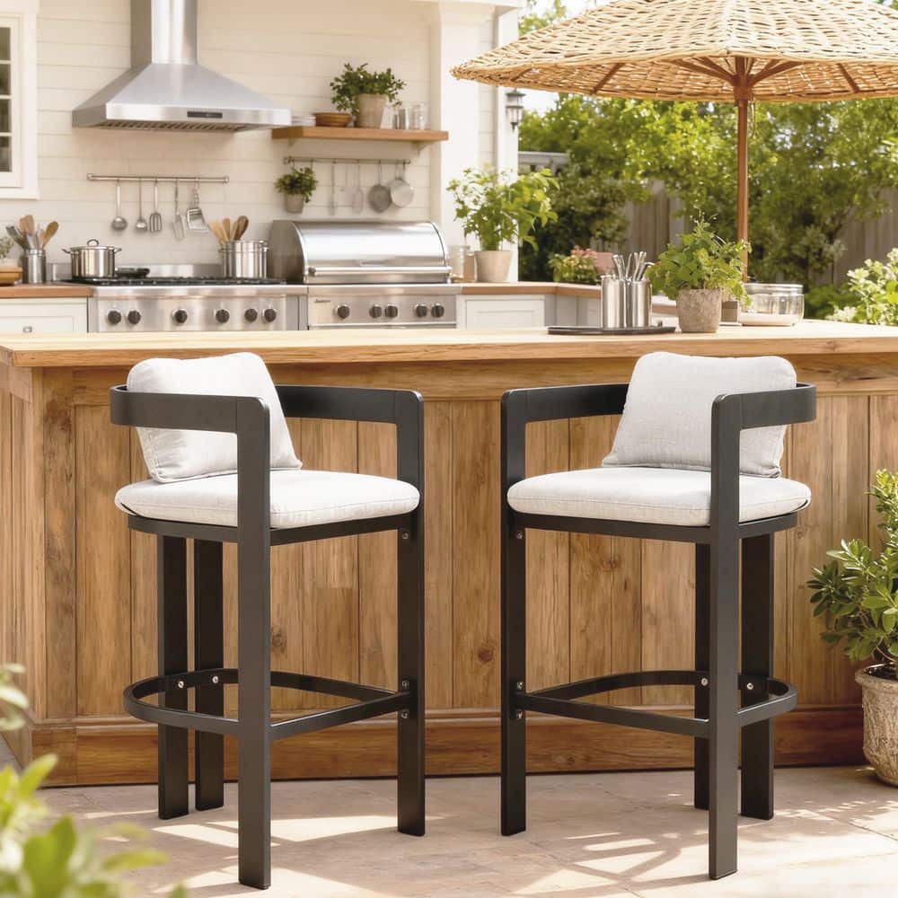 Aluminum Patio Outdoor Bar Stools, Bar Chair, Black Frame with Grey ...
