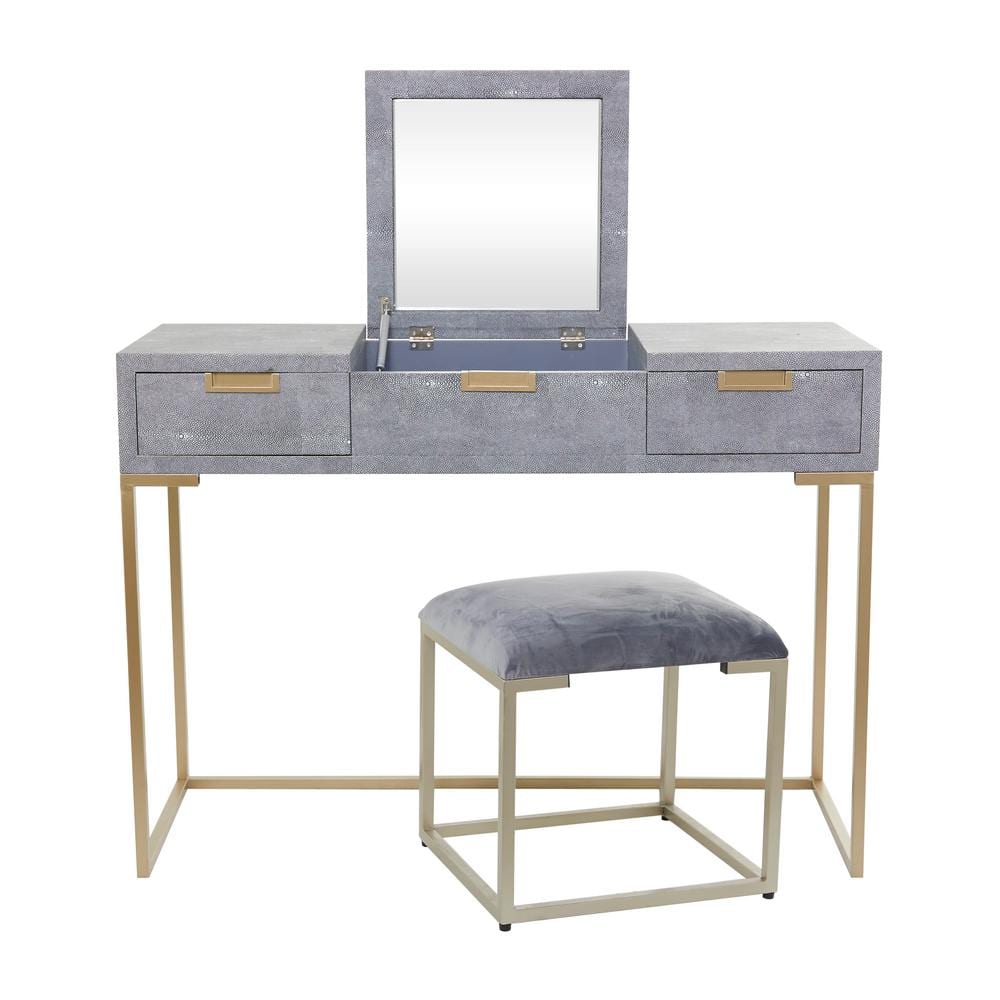Litton Lane Gray Wood Vanity with Stool with Hidden Mirror (Set of 2 ...
