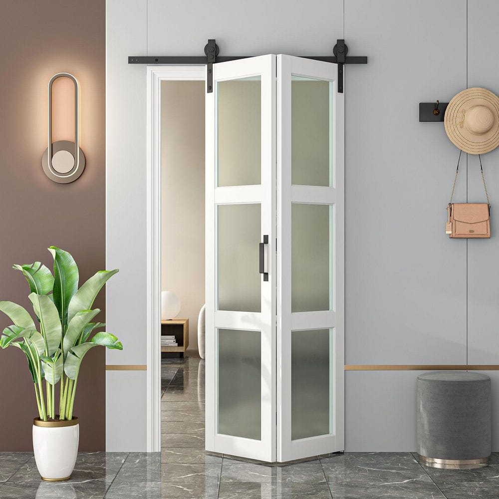 RomeDay 24 in. x 84 in. Adrian 3-Lite Tempered Frosted Glass Barn Door ...