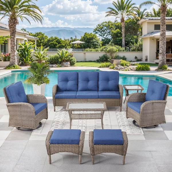 Bellefurn Rotavia 7-Piece Gray Wicker Patio Conversation Set with Olefin Blue Cushion, Patio ...