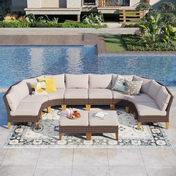PHI VILLA Brown Rattan Wicker 10 Seat 10-Piece Steel Patio Outdoor ...