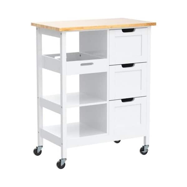 Aoibox White Portable Rolling Small Island Kitchen Cart with 3 Drawers ...