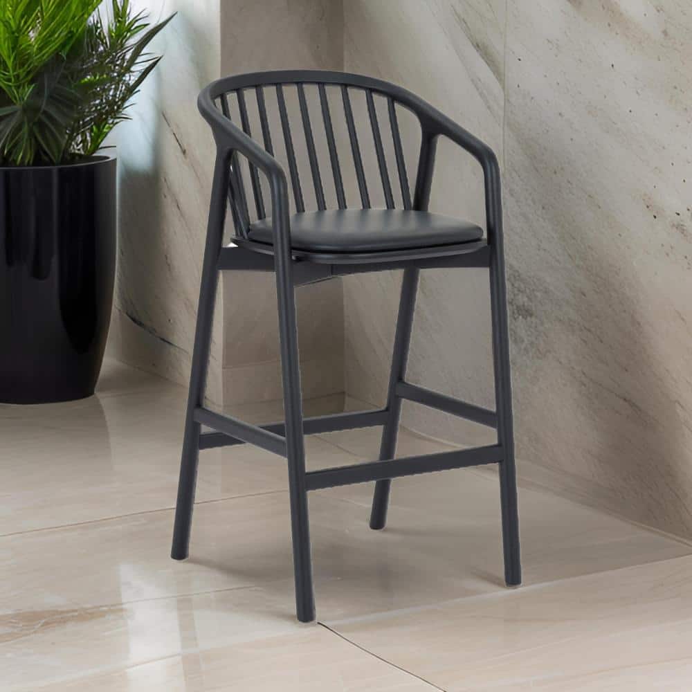 Benjara 33 in. Black Low Back Wood Frame Bar Stool with Faux Leather ...